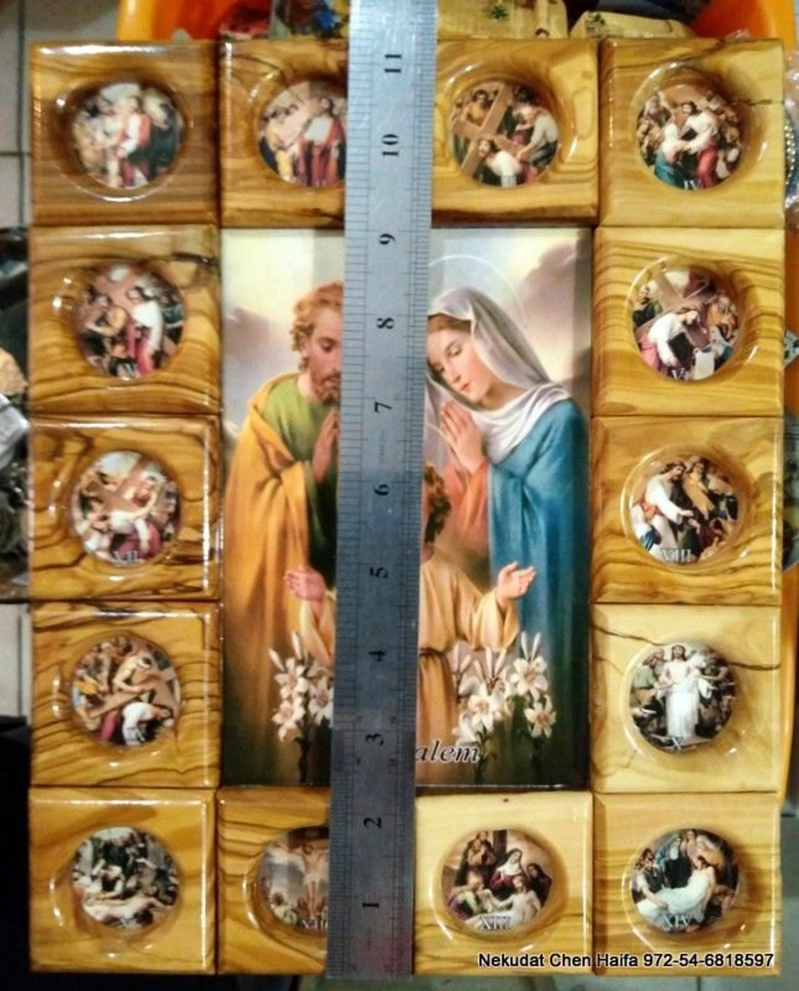 Olive Wood Hand Made Holy Family Icon With 14 Stations of the Cross ...