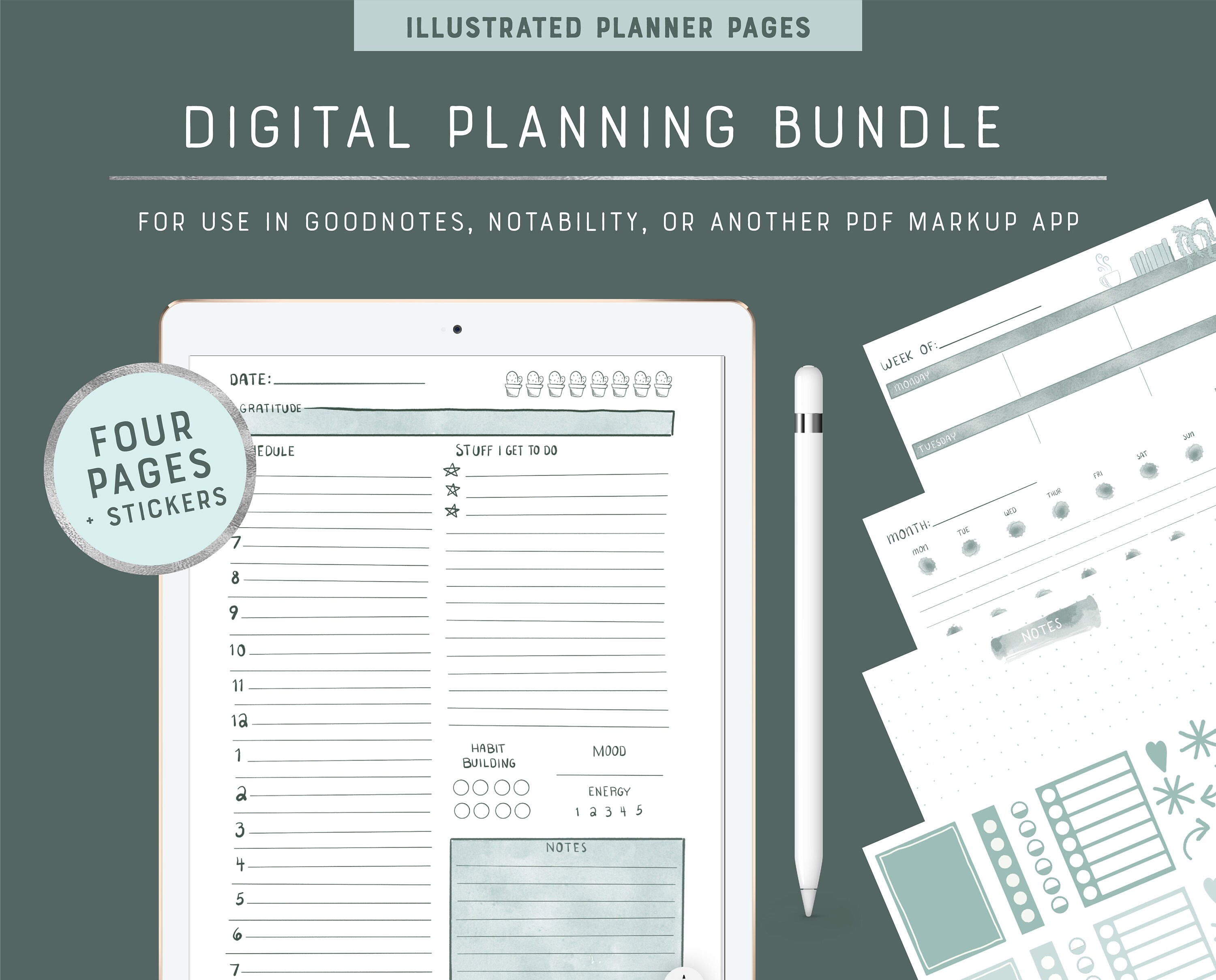 Digital Monthly Planner Bundle | Daily, Weekly, Monthly, & Notes Spread ...