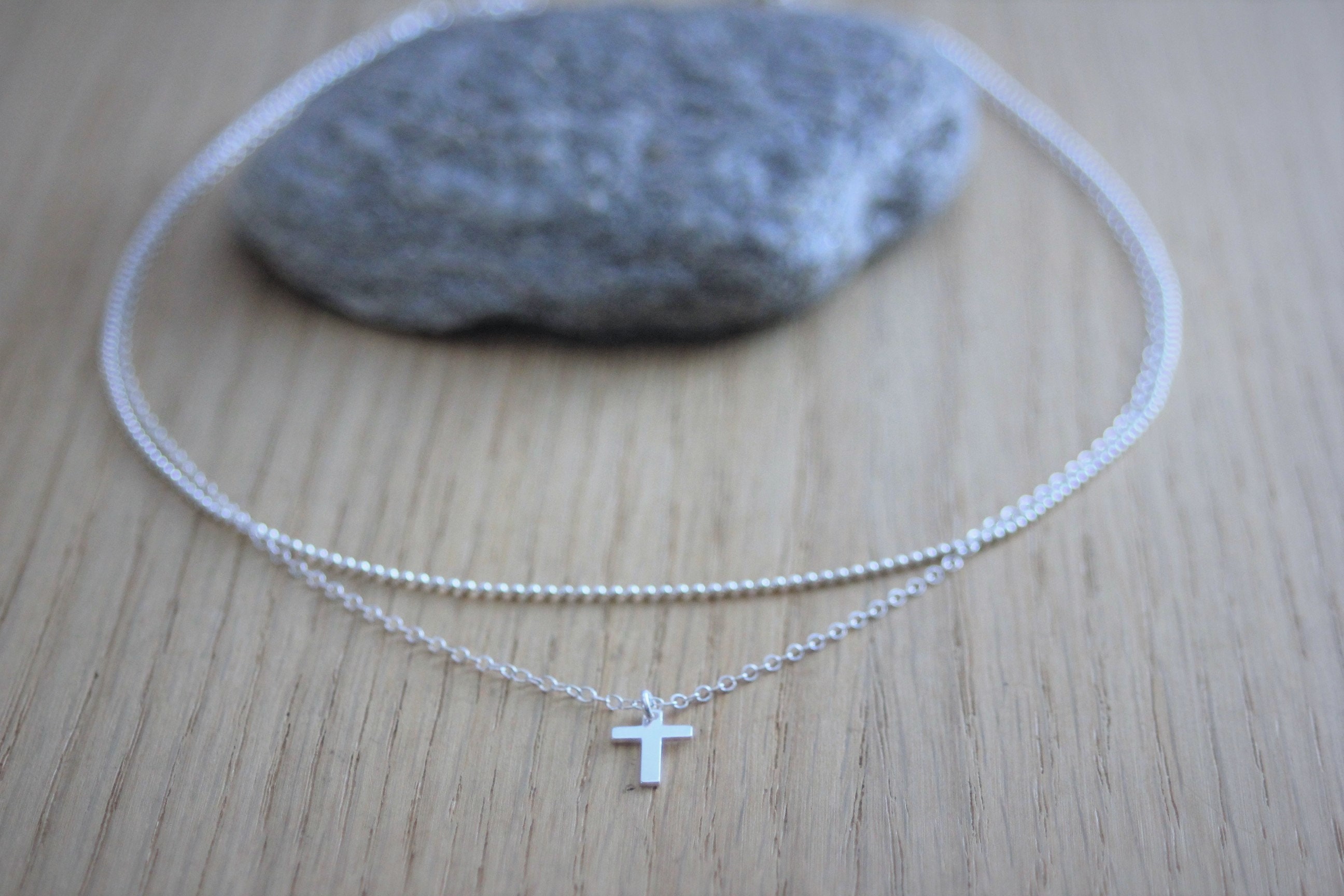 Multirow Sterling Silver Double Chain and Small Cross Choker | Etsy