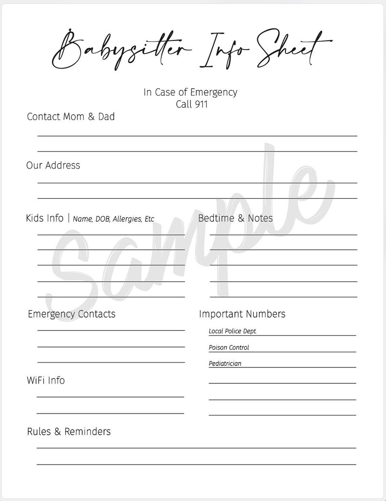 Babysitter Info Sheet Printable Organizational Worksheet - Etsy