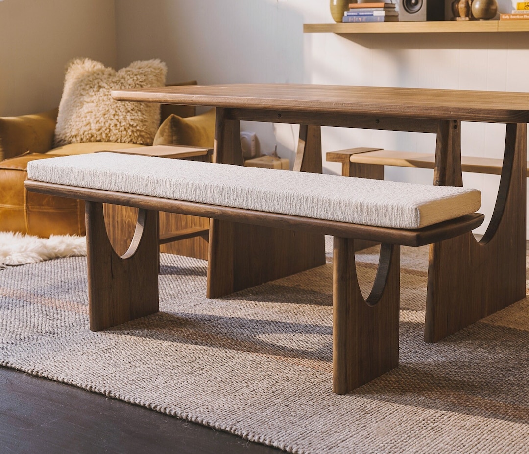 Hardwood Boucle Cushion Dining Bench // "arch" Customizable Oak Walnut ...