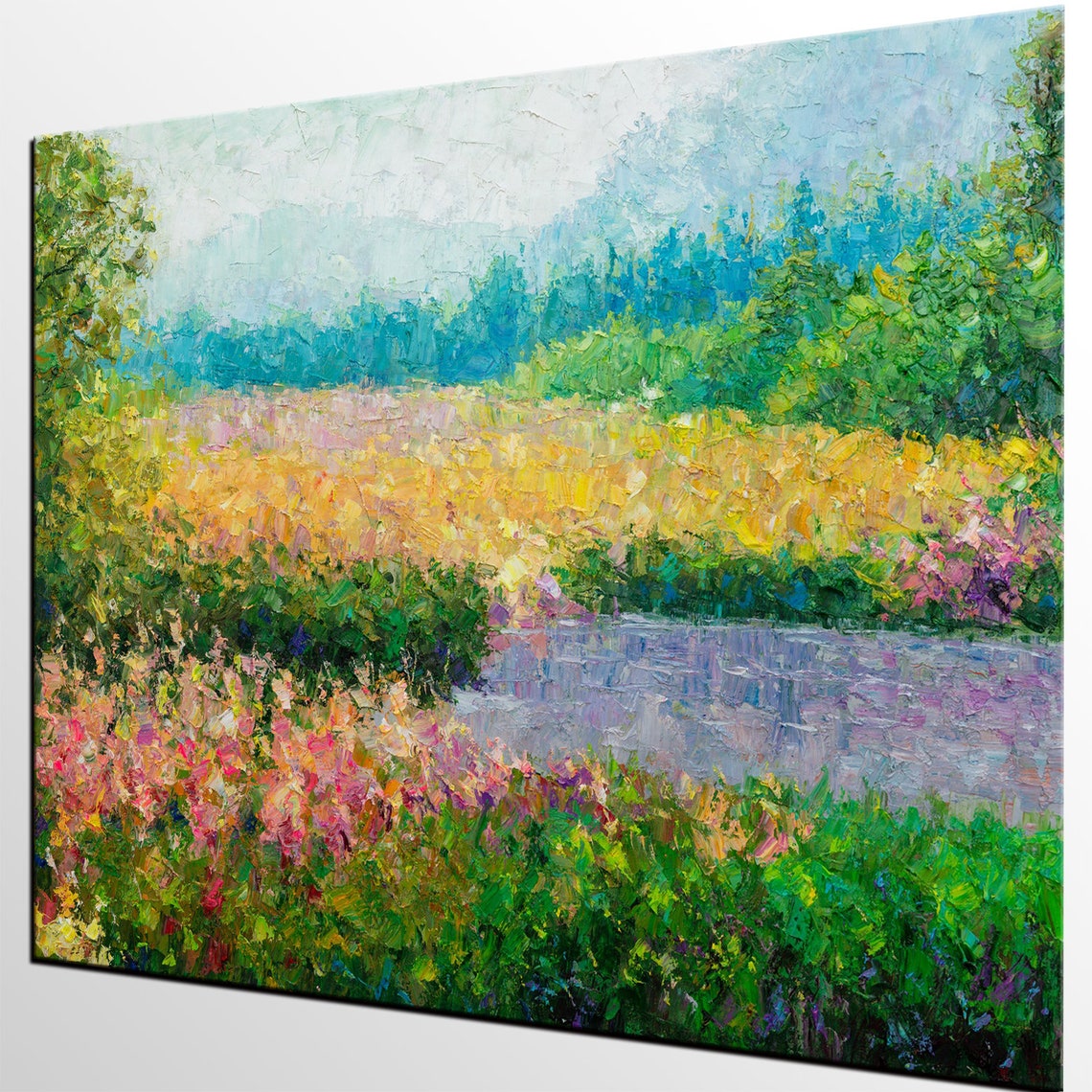 Oil Painting Landscape Spring Flower Field by the Lake | Etsy