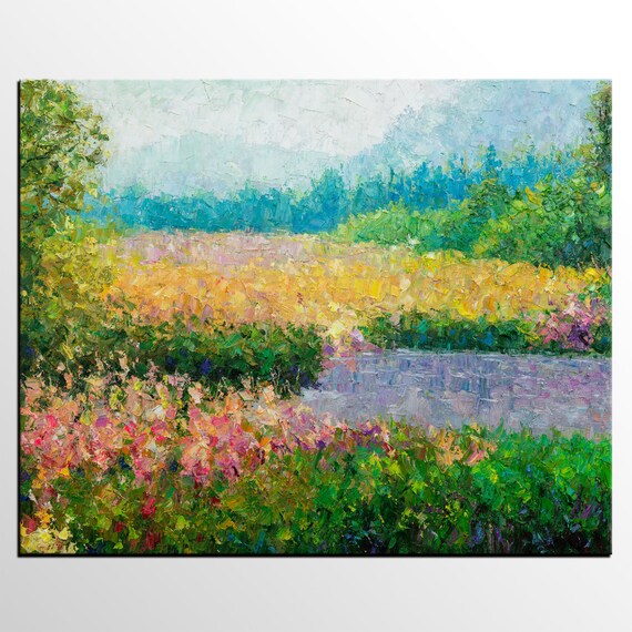 Oil Painting Landscape Spring Flower Field by the Lake | Etsy
