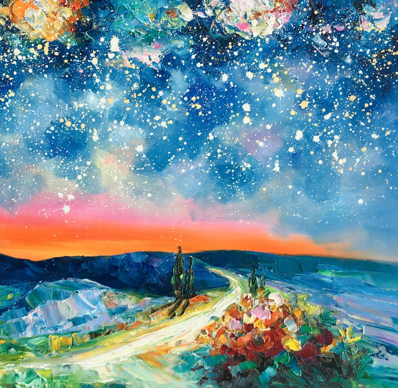 Paisaje de pintura al óleo pintura del cielo de la noche | Etsy Paisaje de pintura al óleo pintura del cielo de la noche | Etsy