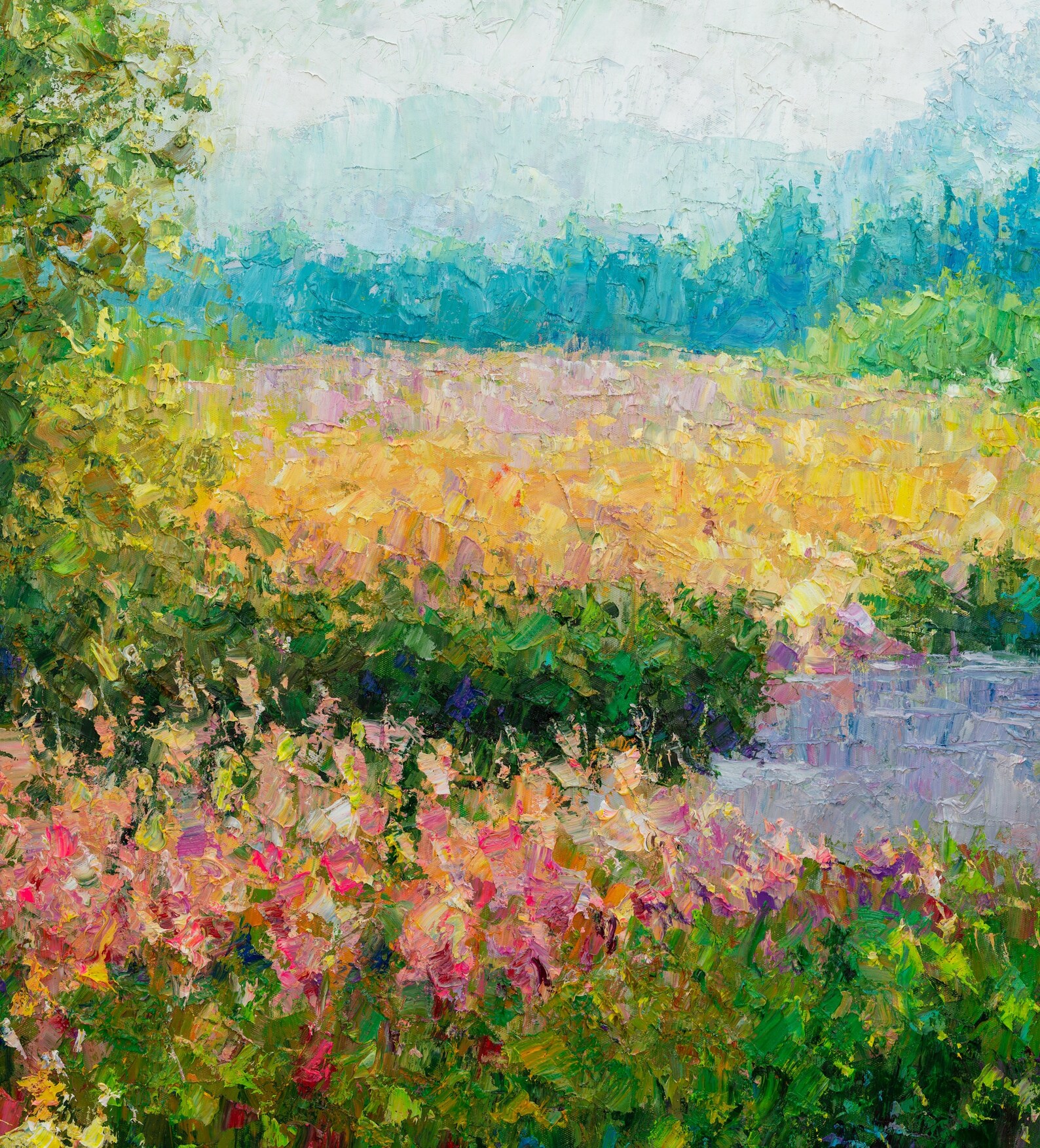 Oil Painting Landscape Spring Flower Field by the Lake | Etsy