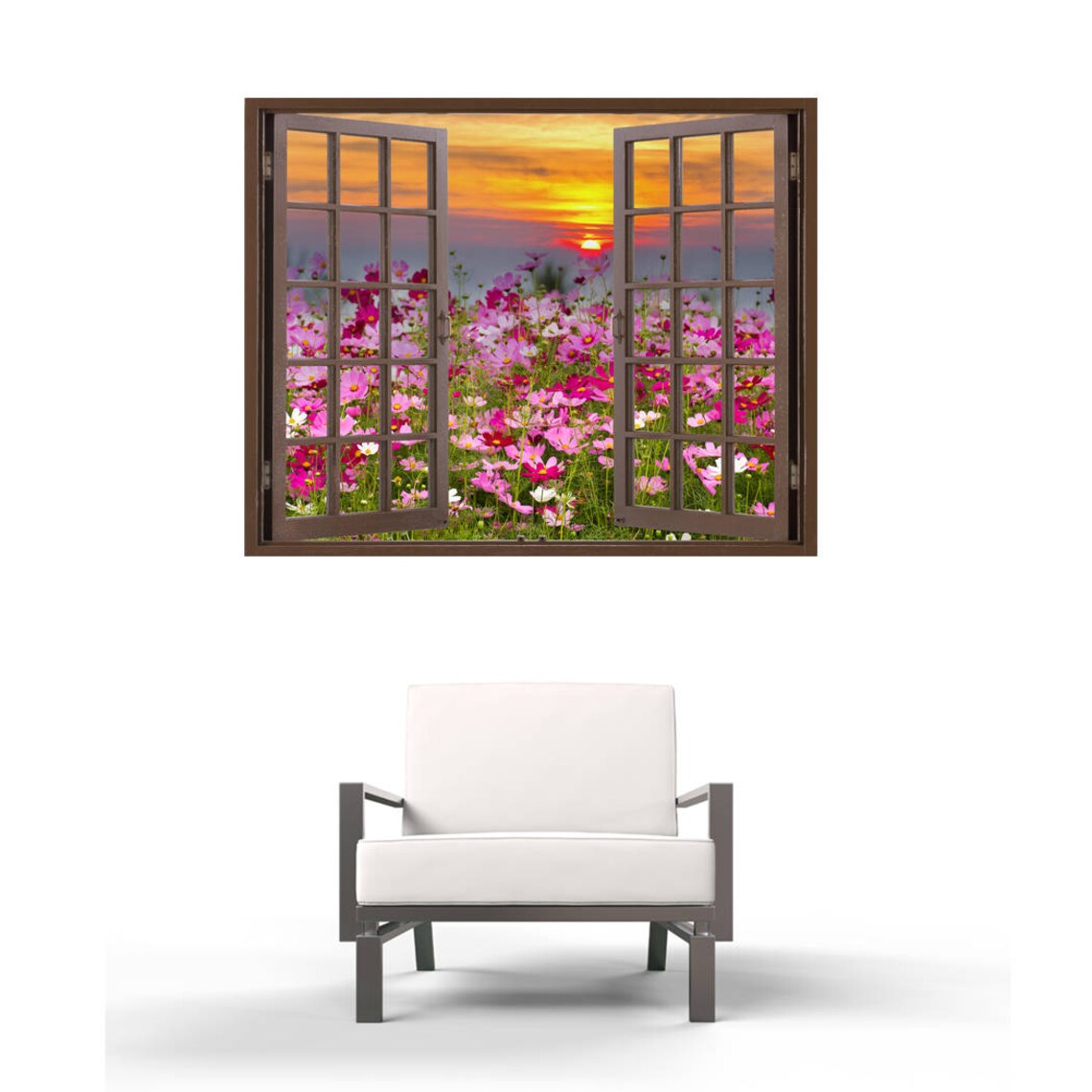 Window Frame Mural Cosmos Flower field on sun rise Huge size | Etsy