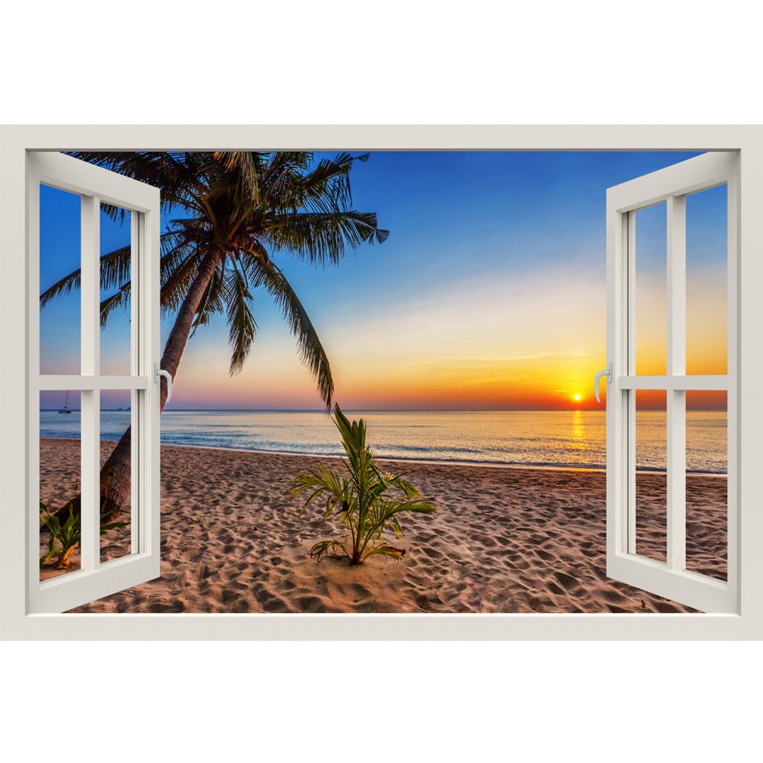 Window Frame Mural Tropical Beach at Sunset Huge Size Peel and Stick ...