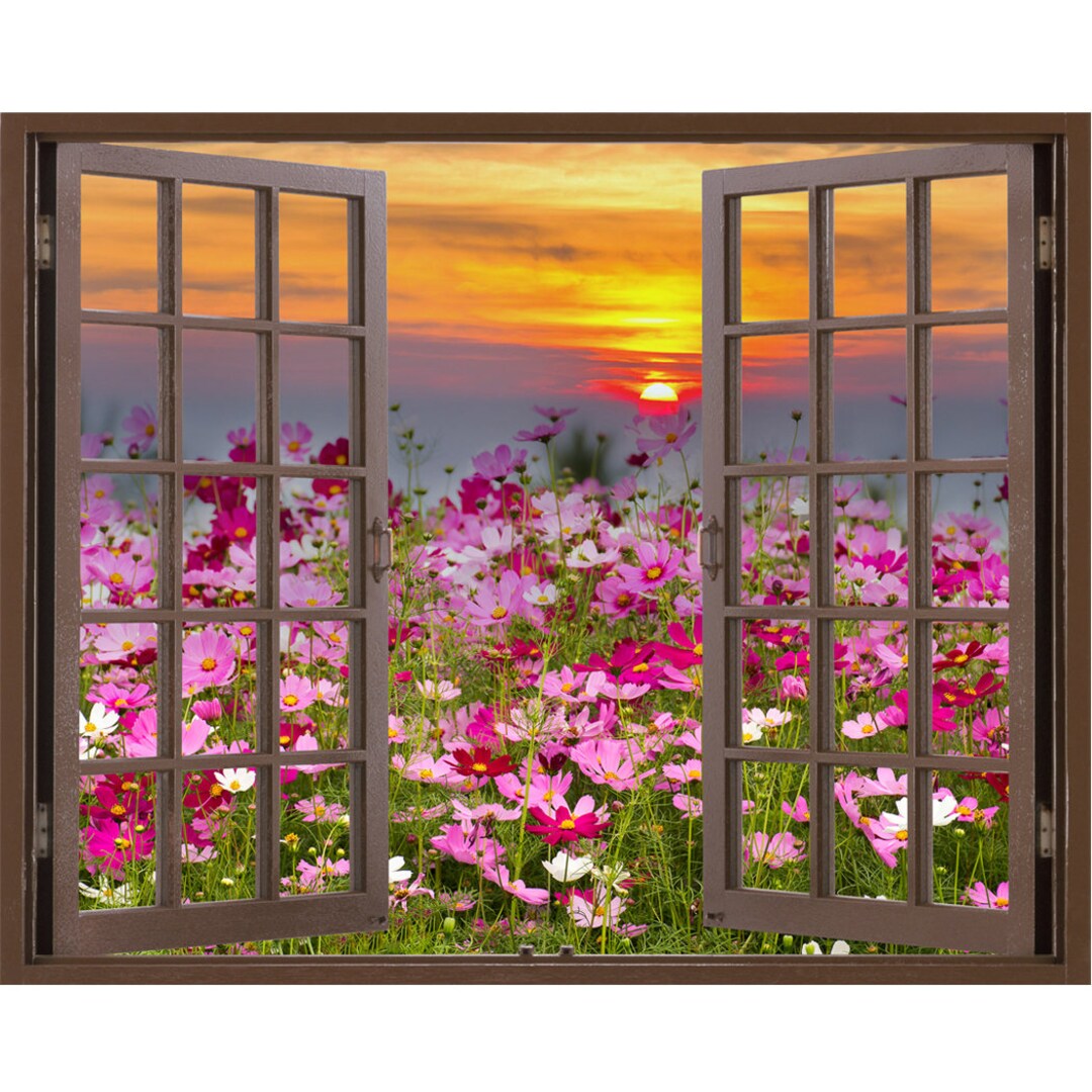 Window Frame Mural Cosmos Flower Field on Sun Rise Huge Size Peel and ...