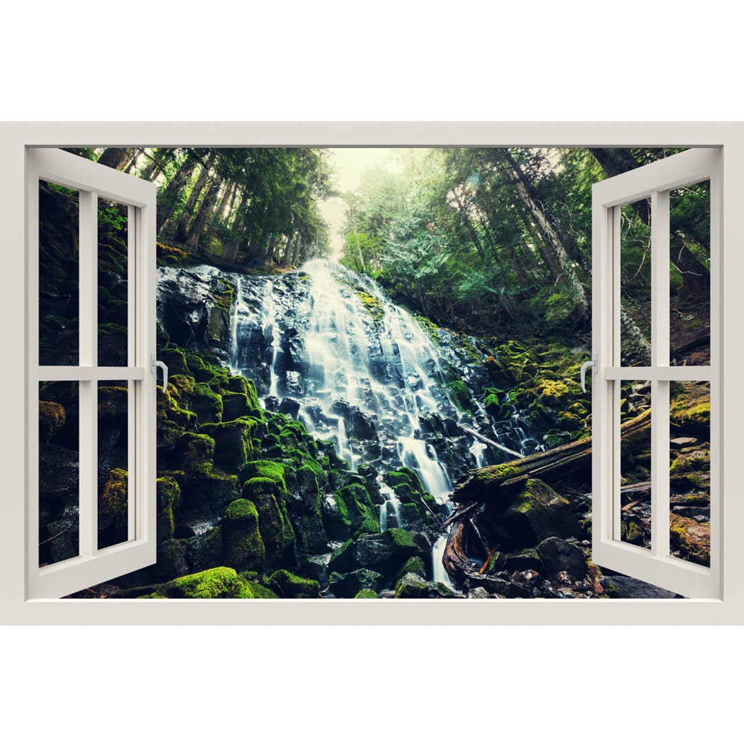 Window Frame Mural Lush Jungle Falls Huge Size Peel and Stick Fabric ...