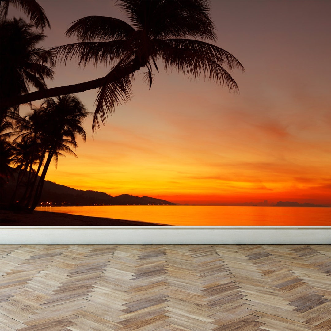 Wall Mural Tropical Sunset Beach With Palm Tree, Peel and Stick ...