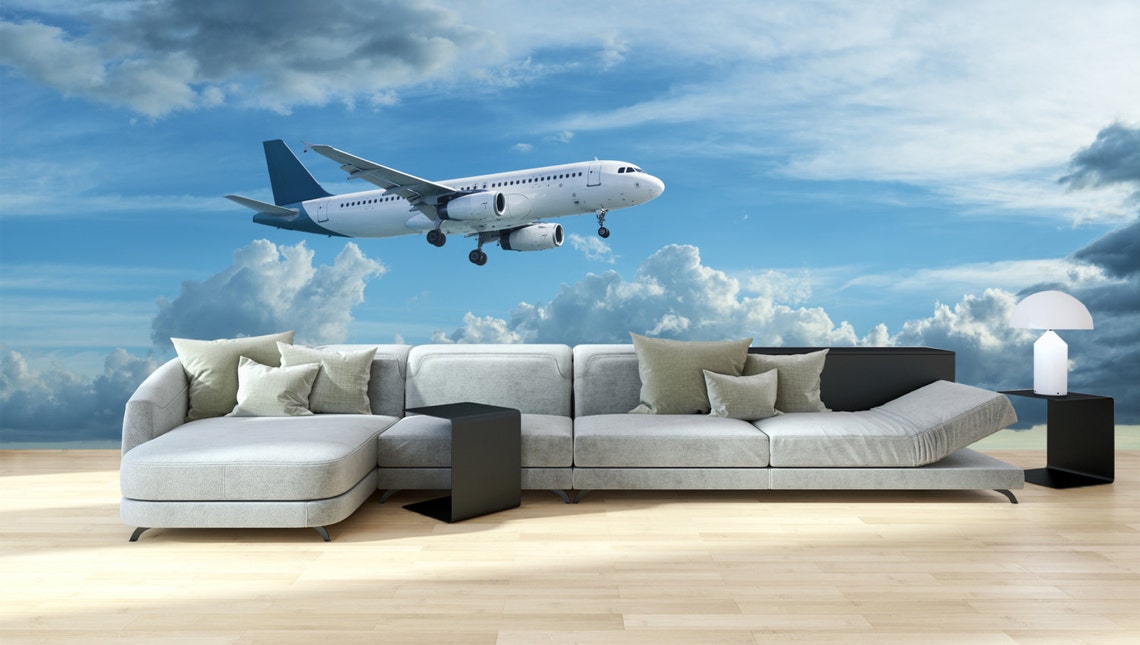 Wall Mural Airplane is Flying Panoramic View Peel and - Etsy
