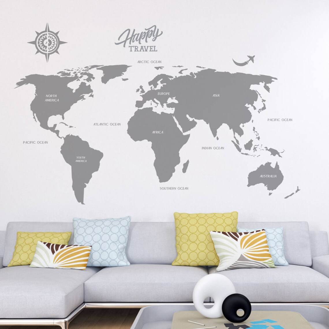 Large World Map Decal Vinyl Wall Stickers for Modern Wall - Etsy