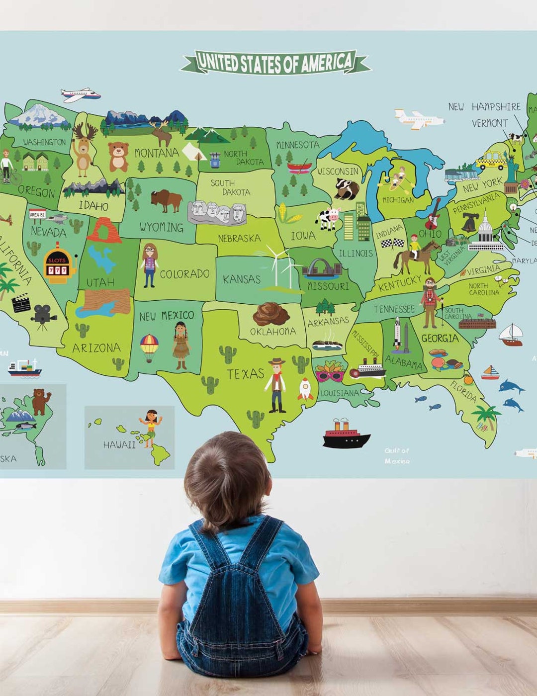 Map of United States Fabric Sticker, Peel and Stick Removable USA Wall ...