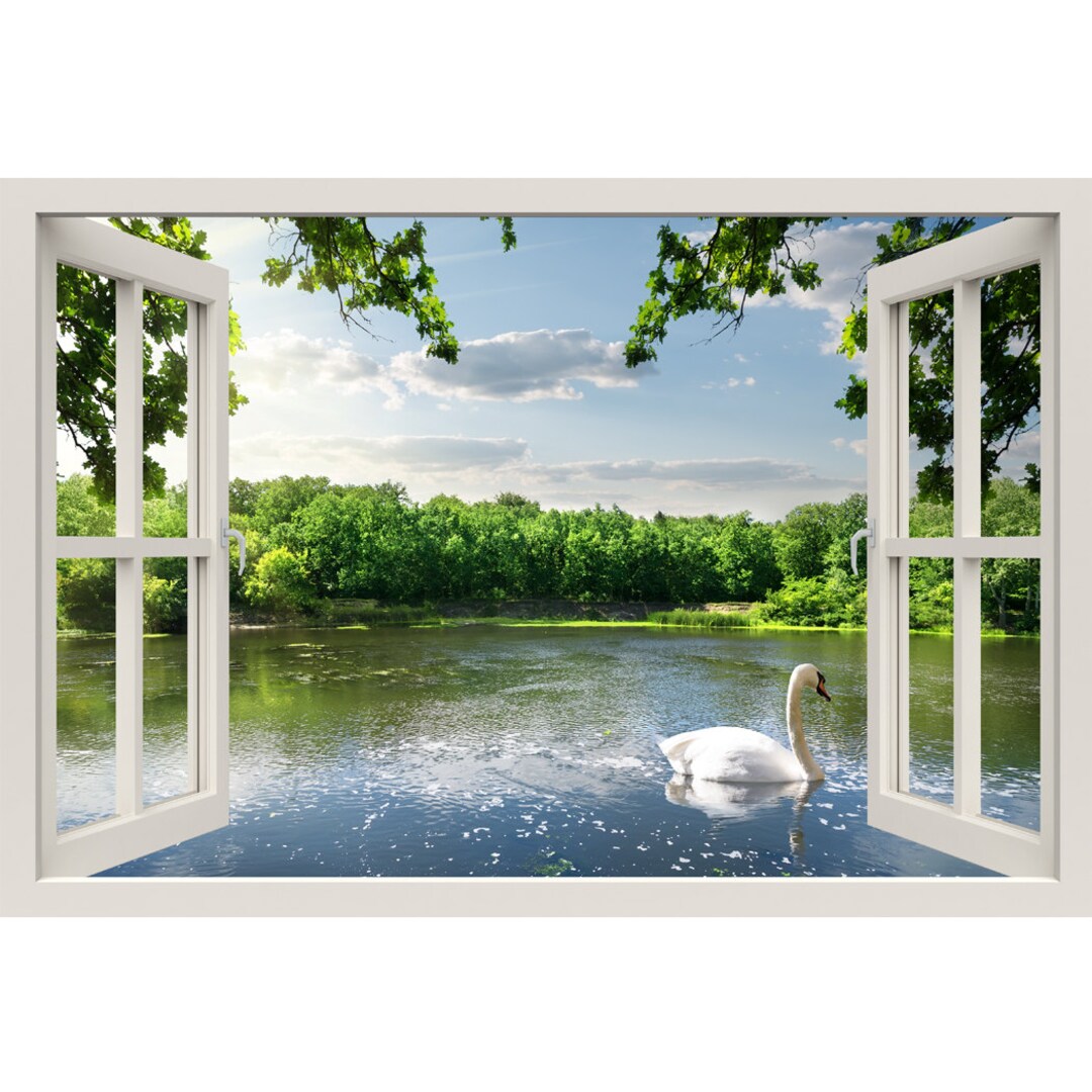 Window Frame Mural Swan on the River Huge Size Peel and Stick Fabric ...