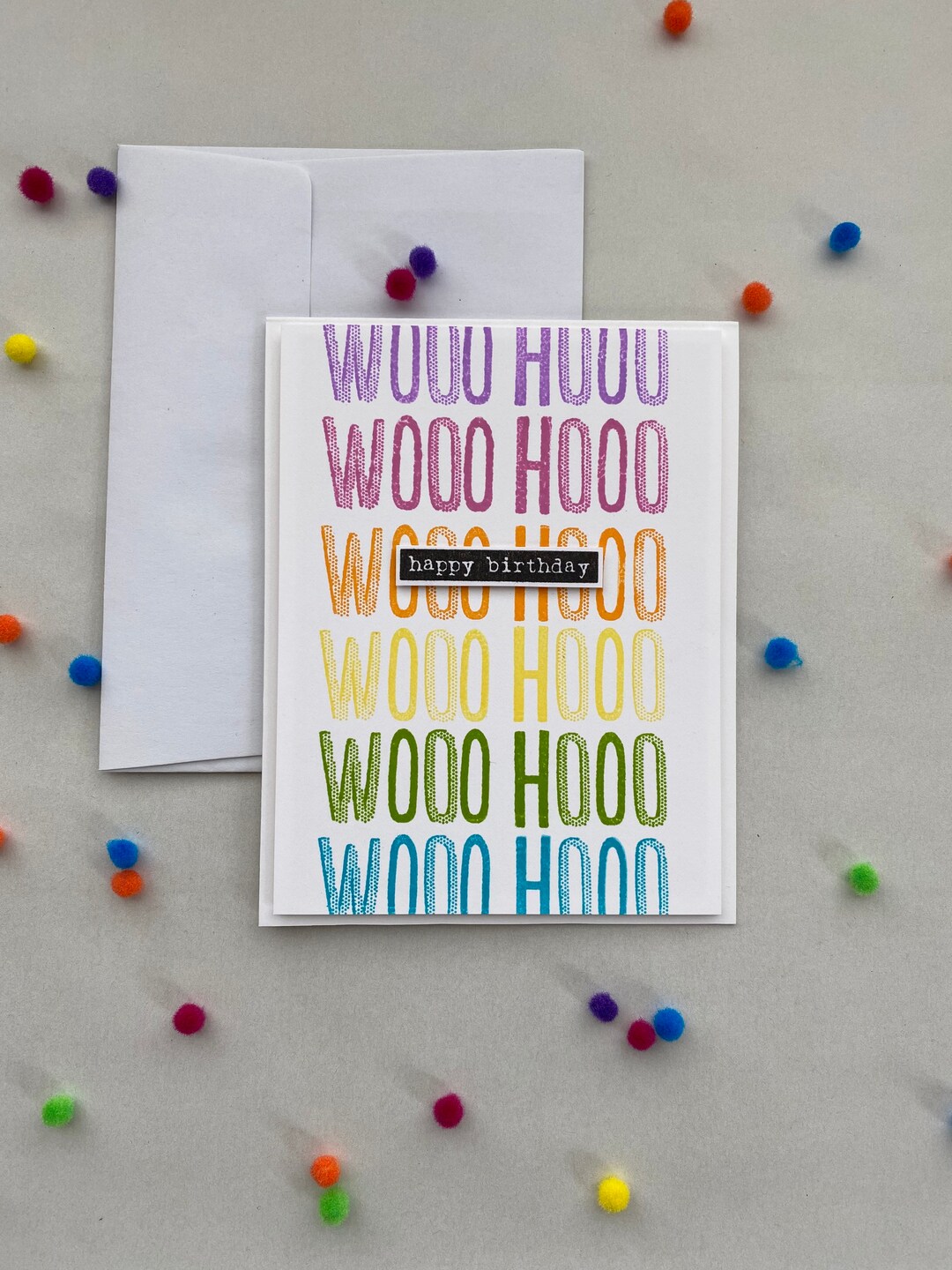 Woo Hoo! Happy Birthday | Blank Greeting Card | Hand-stamped, Rainbow ...