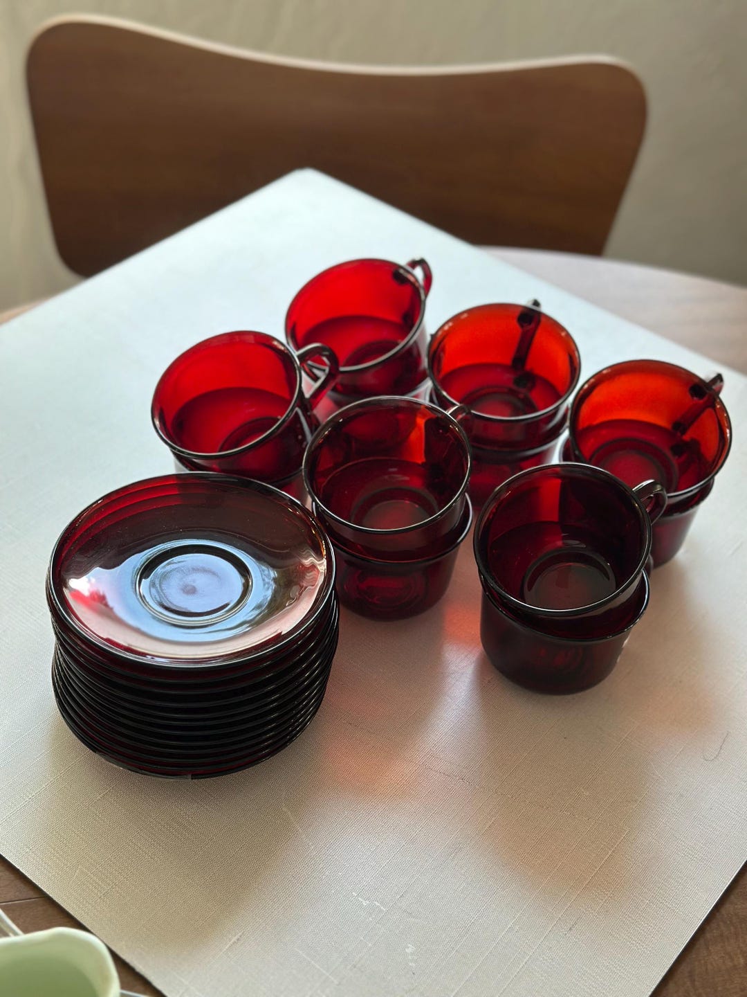 Vintage Set of 8 Ruby Red Glass Tea Cups and Saucers Set ARCOROC France ...