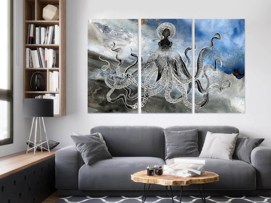 Octopus Triptych, Gallery Wall Set of 3 Paintings, Canvas Octopus ...