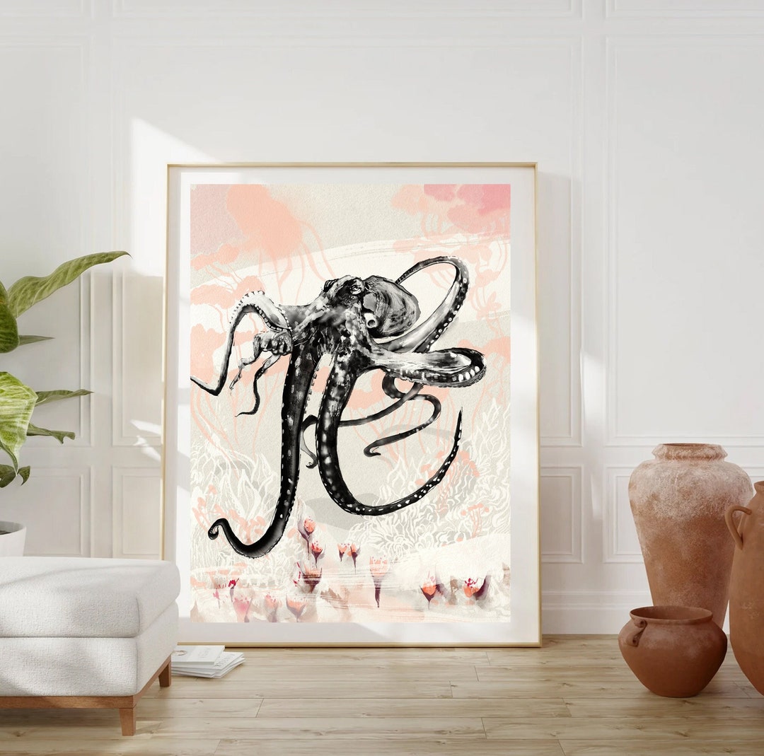 Black Octopus Art, Octopus Art Print, Abstract Sea Life Creature, Watercolor Octopus Wall Art ...