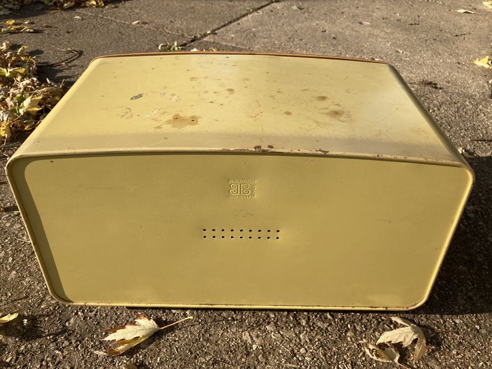 Vintage Mid Century Metal Bread Box Gold Brown Plastic Carved Fruit ...