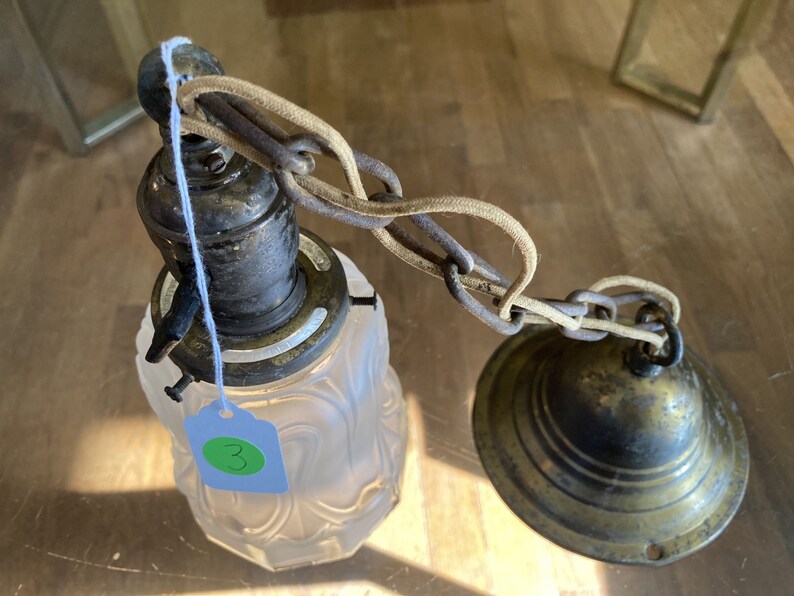 Antique Hubbell Chain Pendant Light Frosted Glass Bell Shade Paddle ...