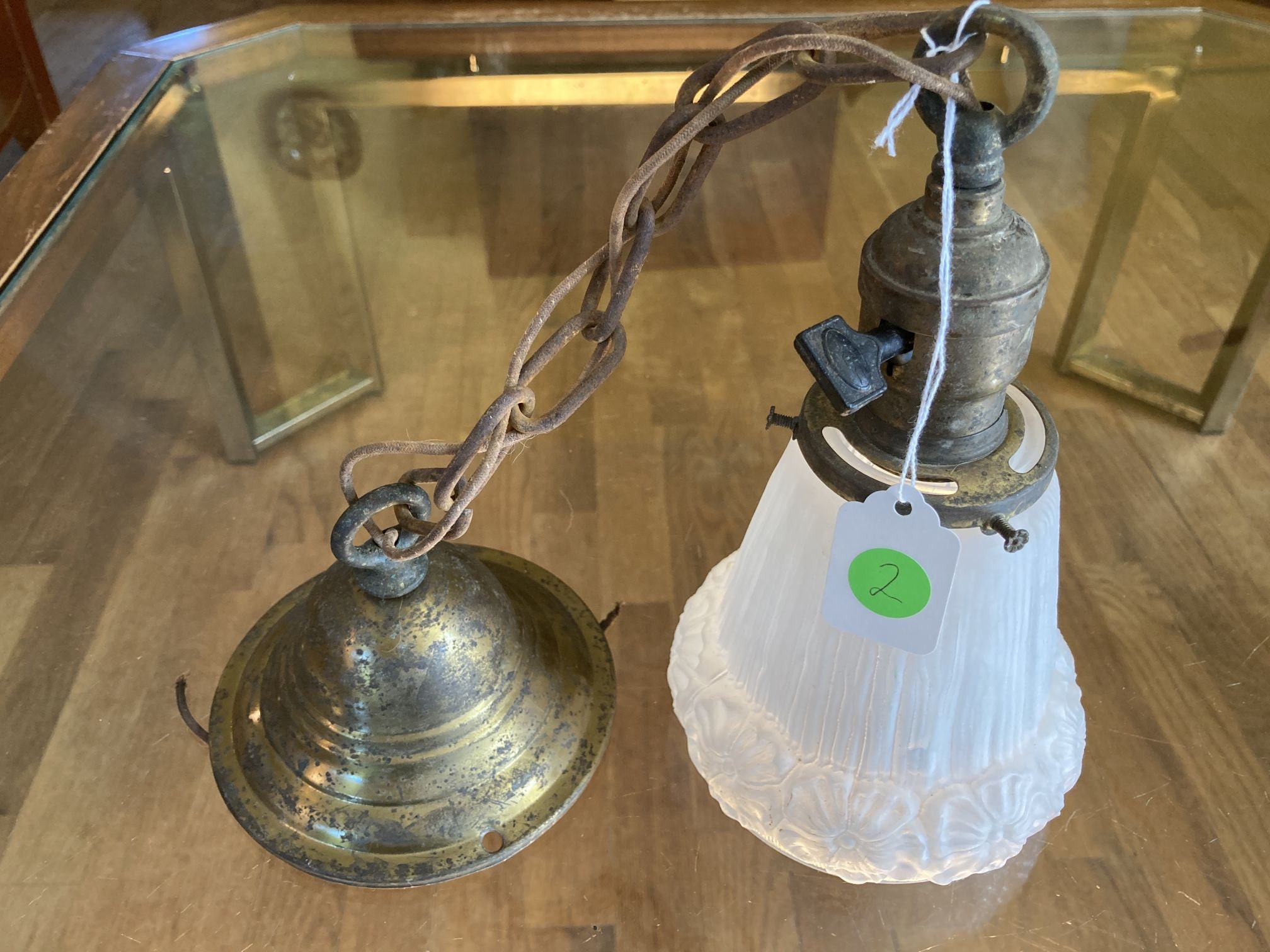 Antique Hubbell Chain Pendant Light Frosted Glass Daisy Shade Paddle ...