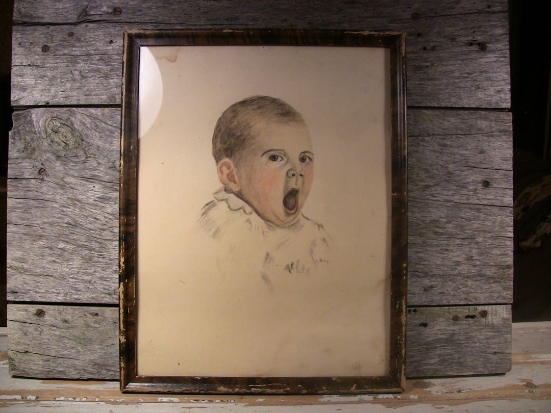 Original Antique Watercolor Painting Sweet Tired Baby Yawning Big ...