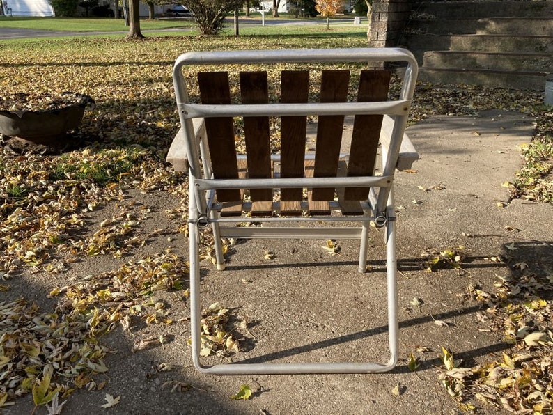 Vintage Folding Slat Wood Lawn Camp Chair Aluminum Frame Mid Century or ...