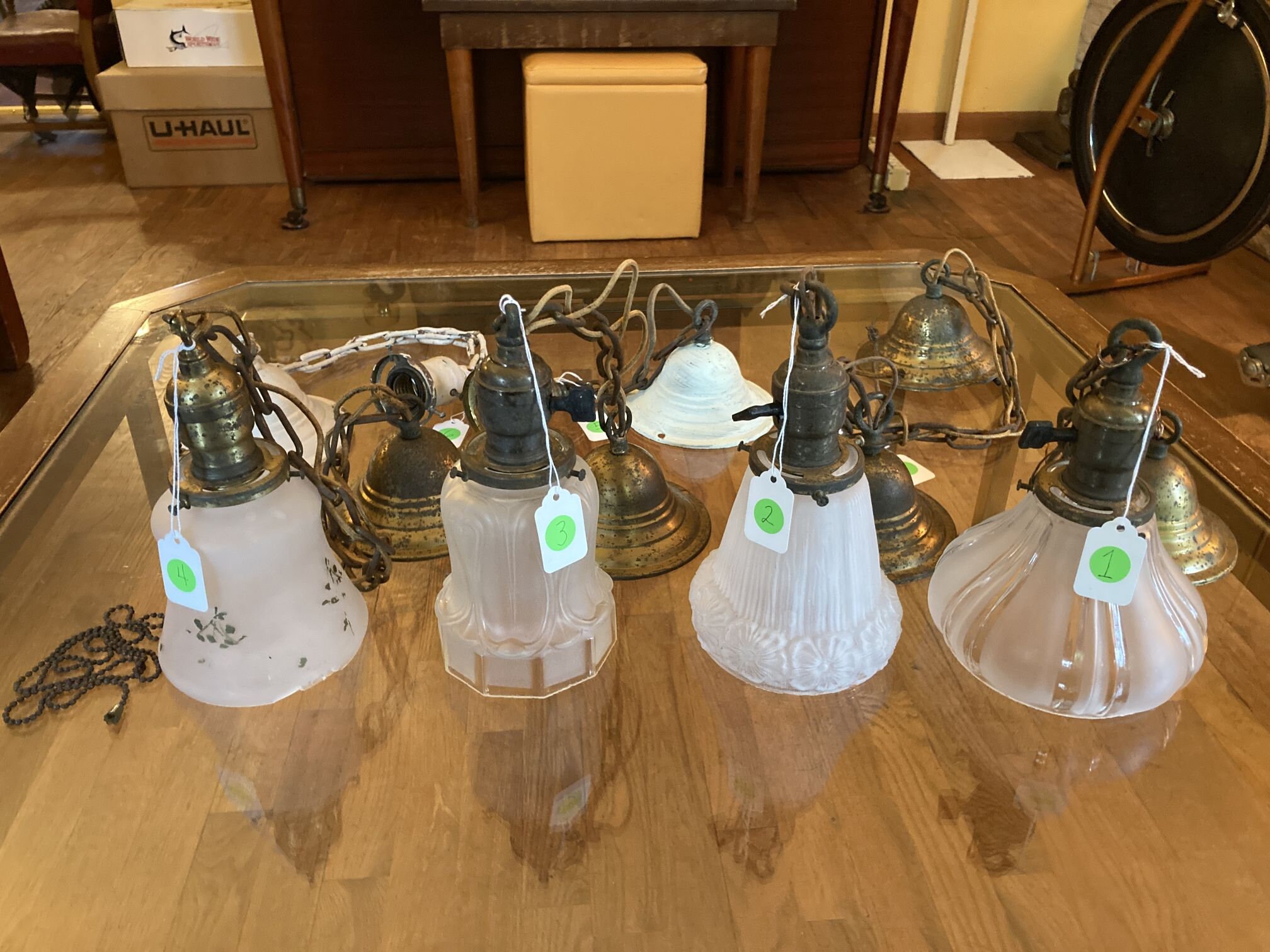 Antique Hubbell Chain Pendant Light Frosted Glass Bell Shade Paddle ...