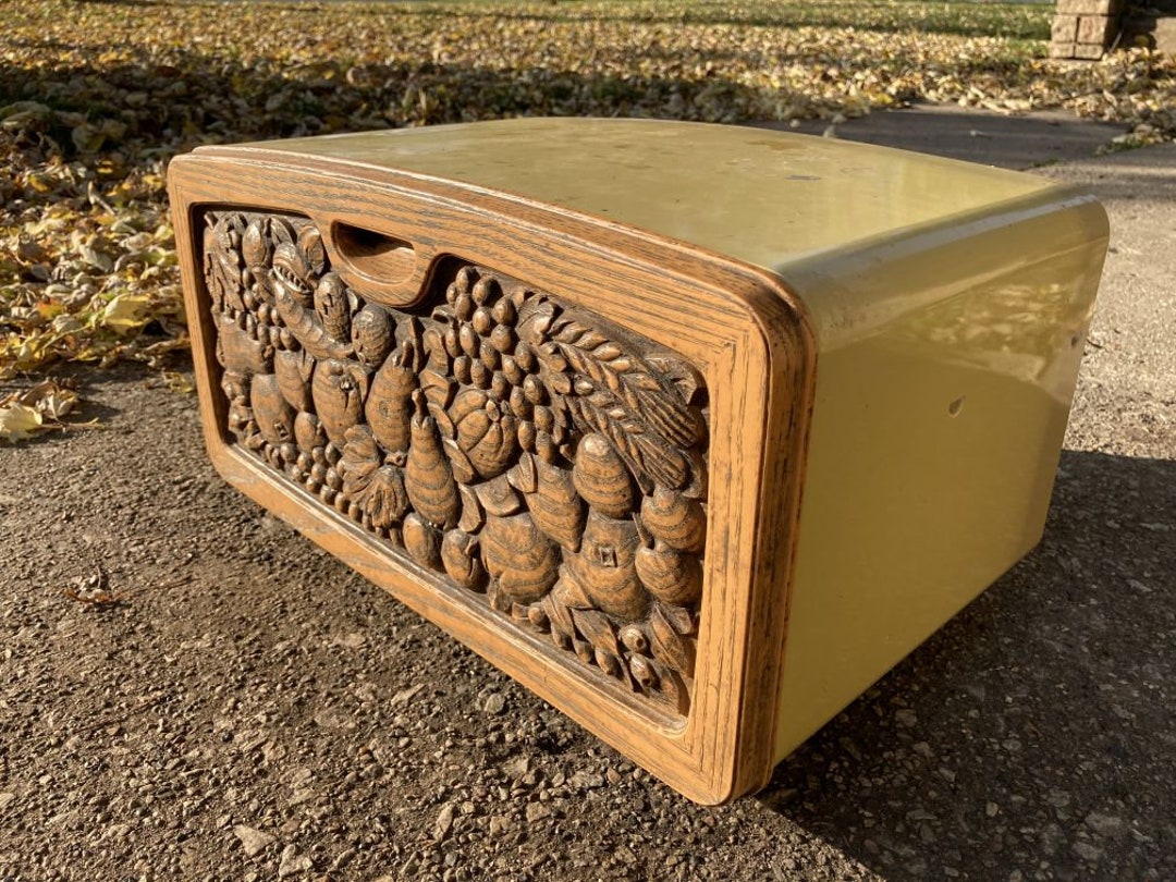 Vintage Mid Century Metal Bread Box Gold Brown Plastic Carved Fruit ...