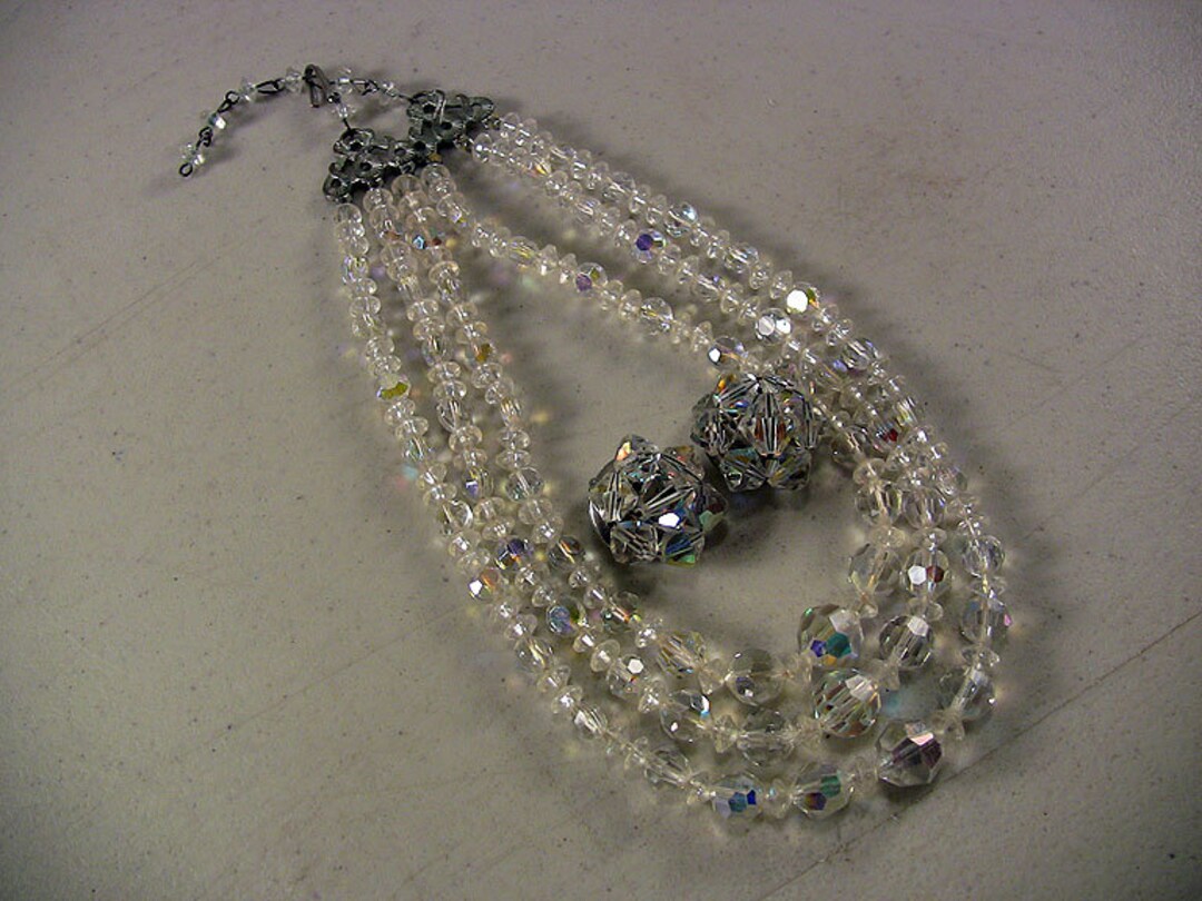 Vintage Aurora Borealis Jewelry Set 3- Strand Crystal Necklace Clip-on ...