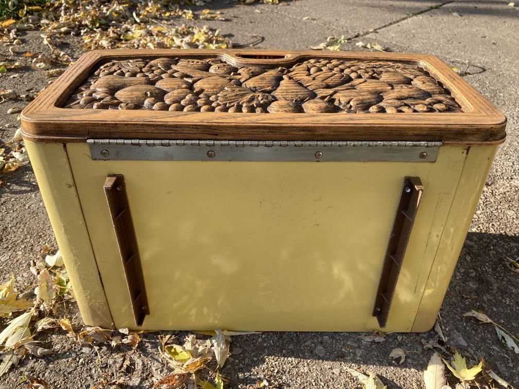 Vintage Mid Century Metal Bread Box Gold Brown Plastic Carved Fruit ...