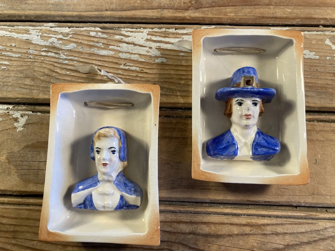 Vintage Pair 3D Ceramic Pilgrim Wall Plaques Puritan Man Woman Head ...