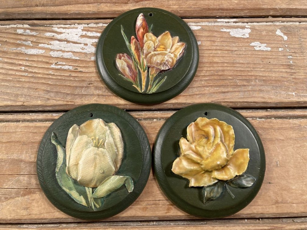 Vintage Miniature Floral Wall Plaques Set of 3 Wood W Applied 3D ...