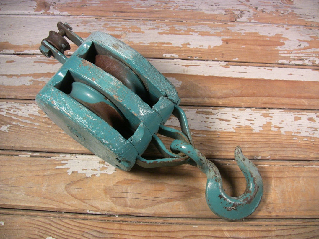 Vintage Industrial Barn Pulley Wood Block Double Wheel Iron Hook 14 U-W ...