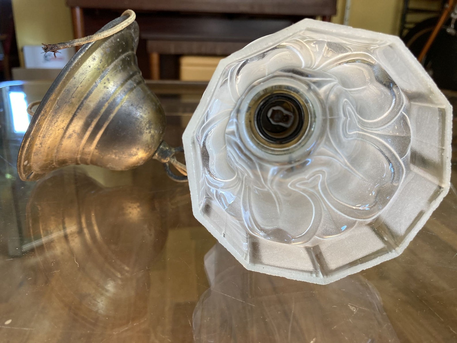 Antique Hubbell Chain Pendant Light Frosted Glass Bell Shade Paddle ...