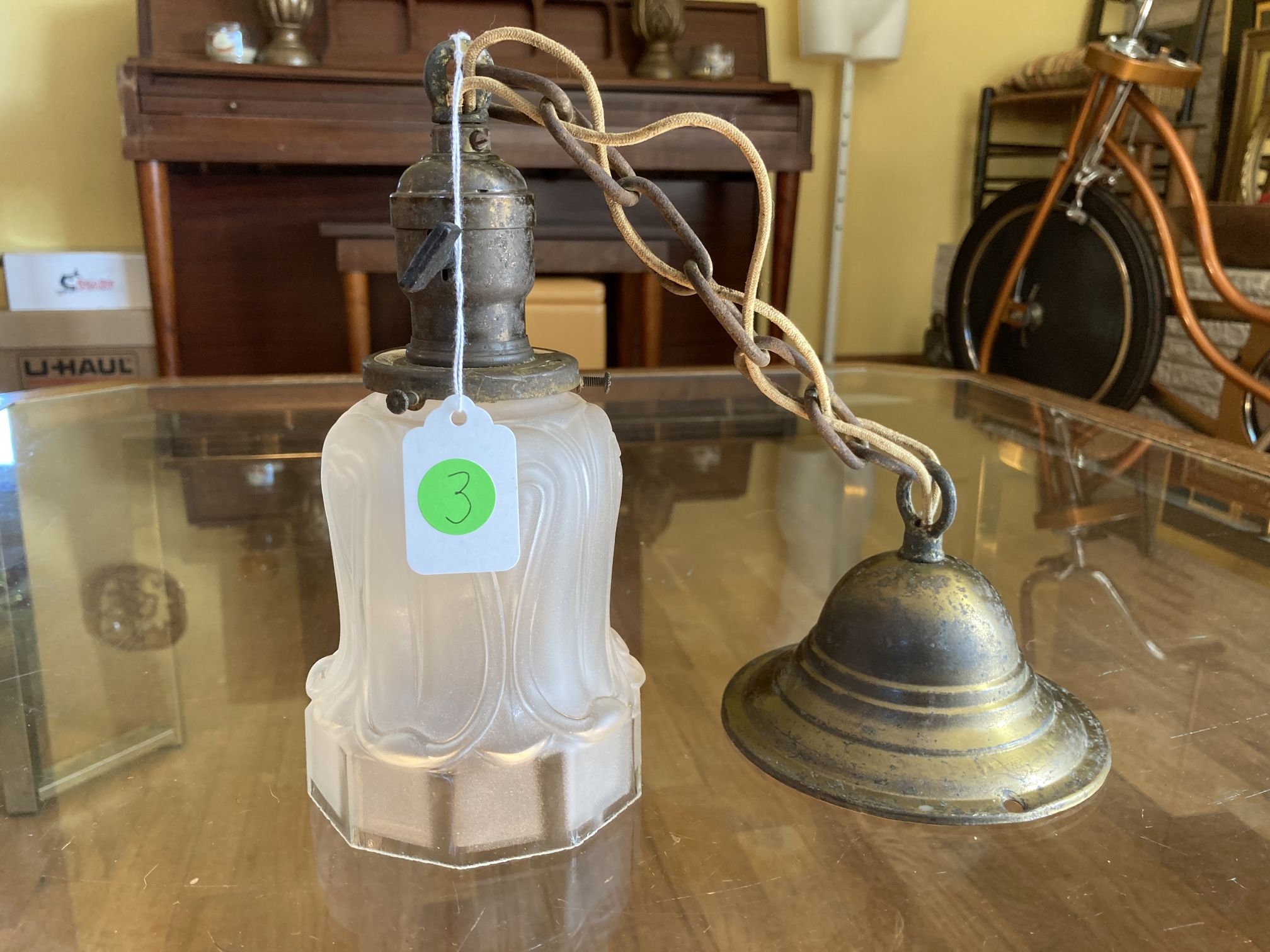 Antique Hubbell Chain Pendant Light Frosted Glass Bell Shade Paddle ...