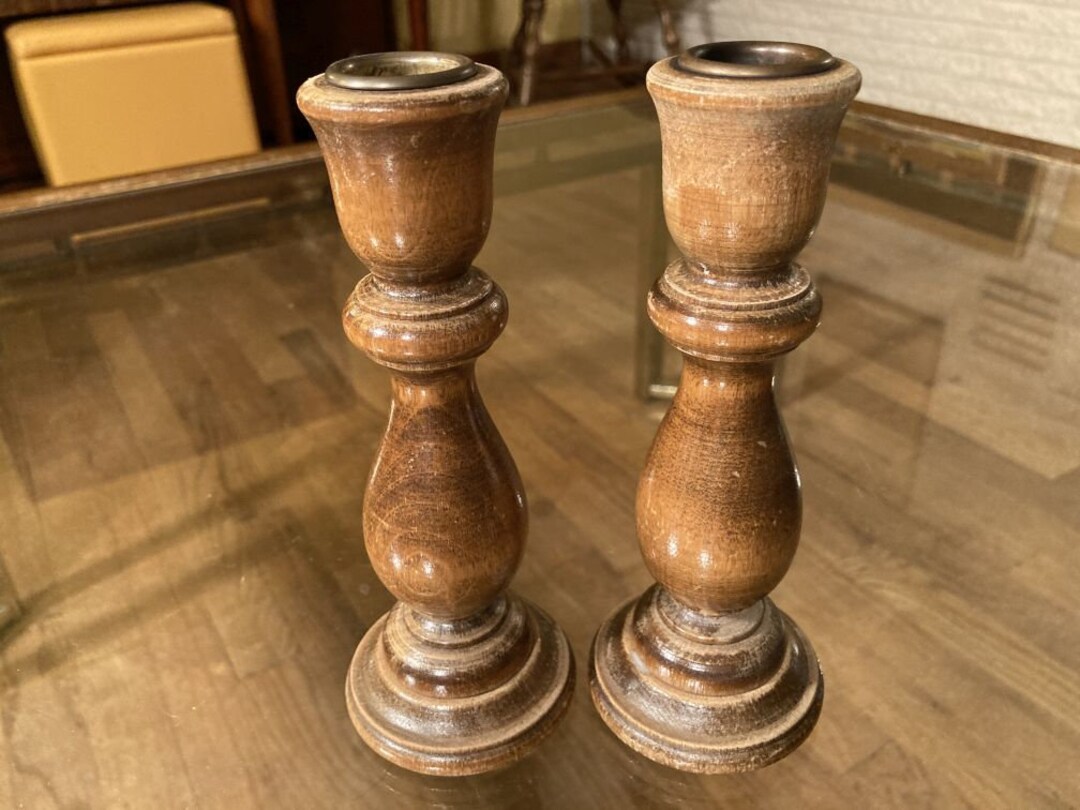 Vintage Pr Turned Wood Candlesticks Dark Maple Brass Cups Felt Bottoms ...