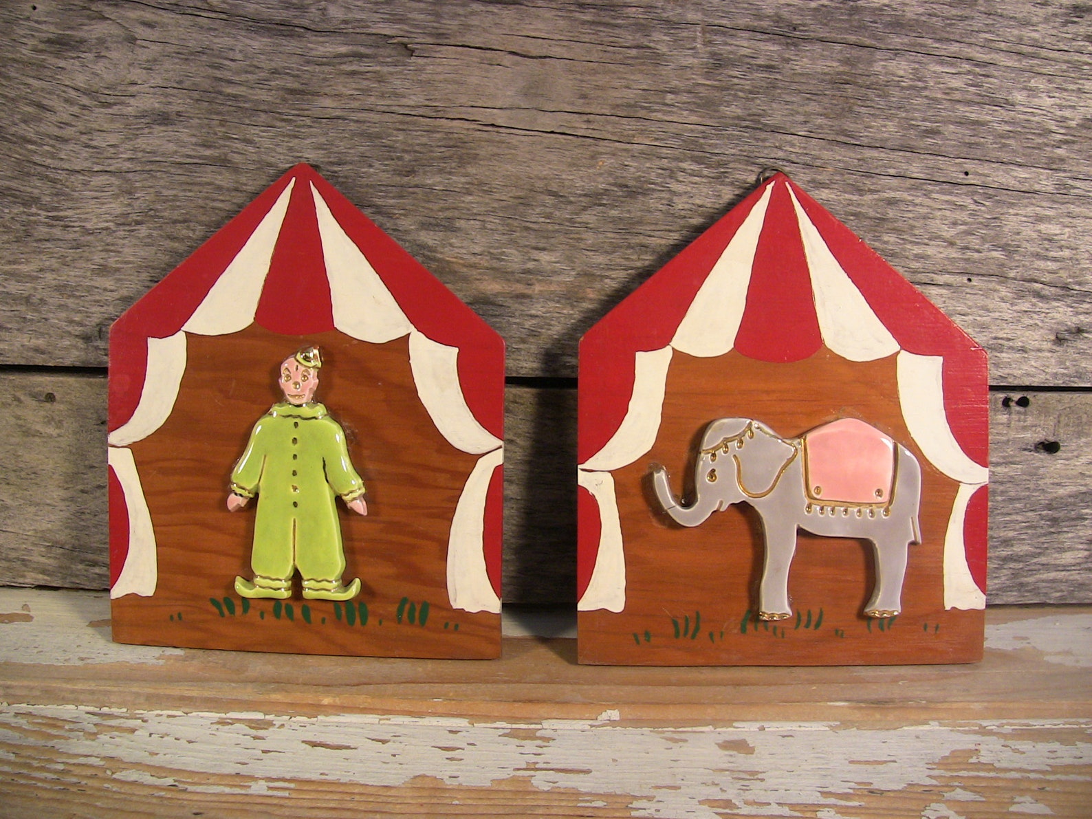 Vintage Big Top Circus Wall Plaques Crafted Wood Ceramic Clown Elephant ...