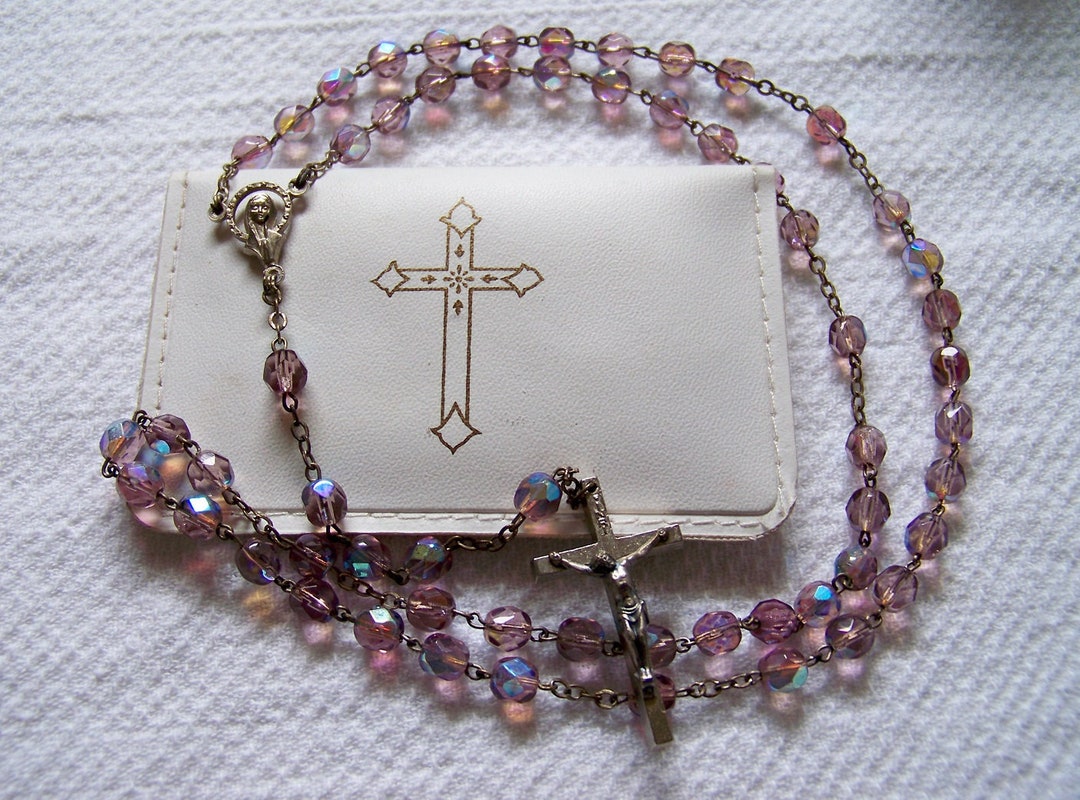 Mary & Jesus INRI Crucifix Purplish Faceted Glass Beaded Religious Holy ...