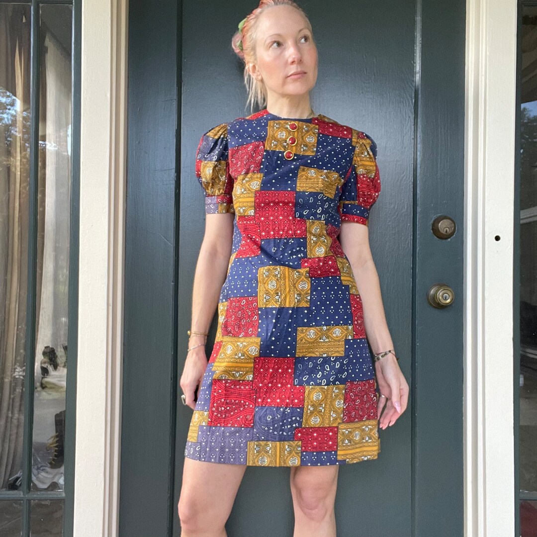 Vintage 60s 70s Bandana Print Handmade Short Sleeve Minidress Dress ...