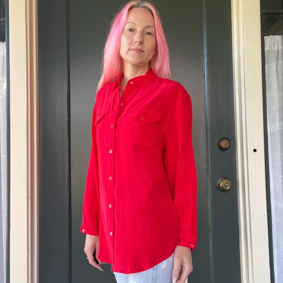 vintage 80s christian dior designer red silk button u… - Gem