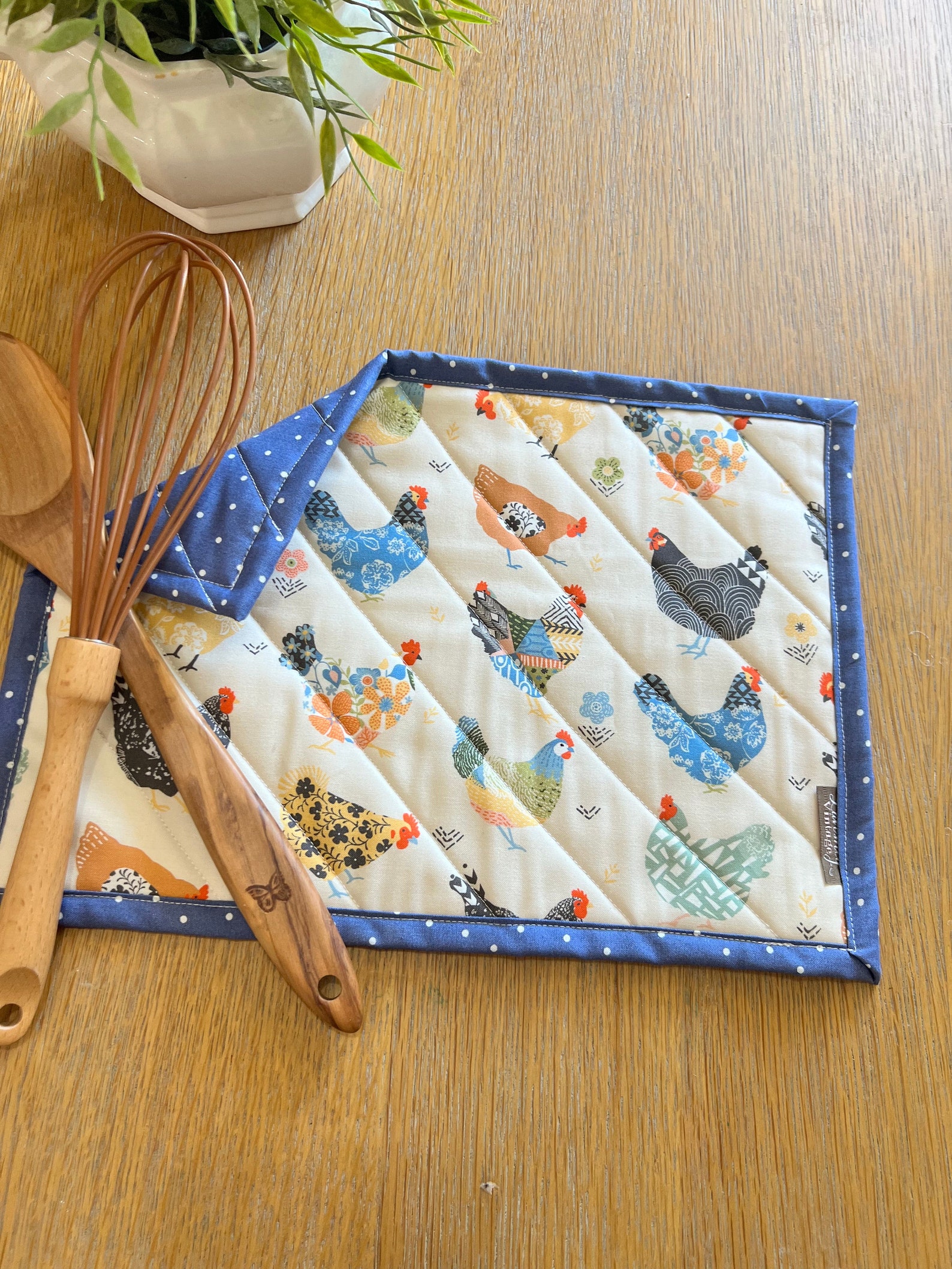 Floral Chicken Casserole Hot Pad, Oversized Quilted Hot Pad, Large ...