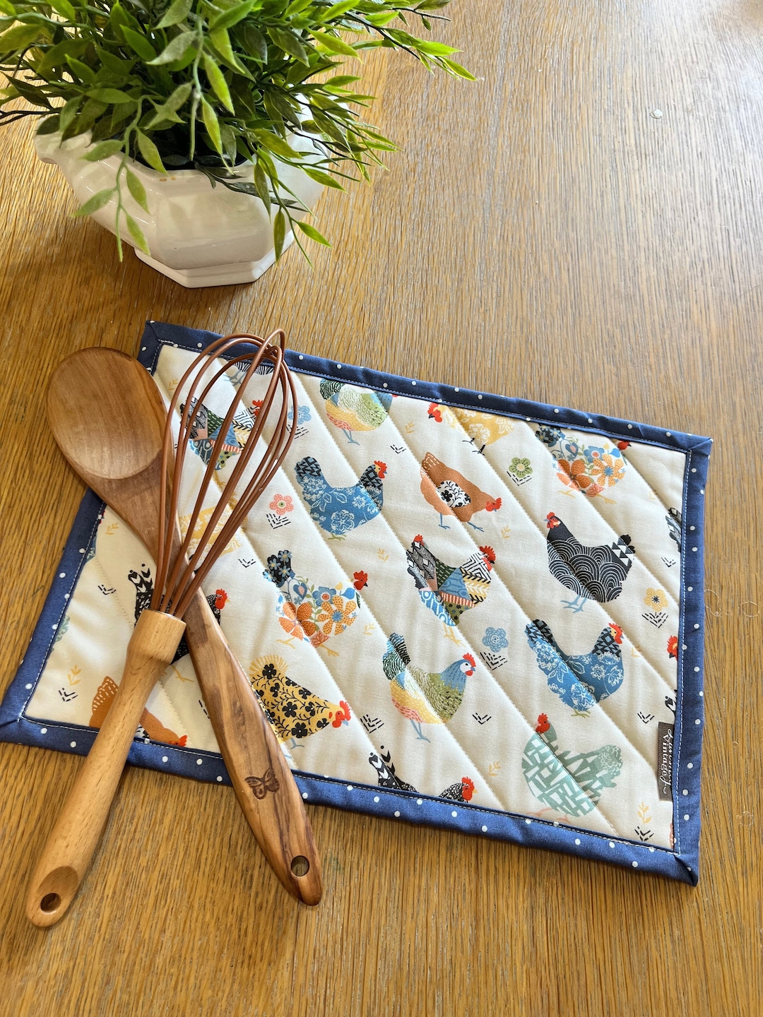 Floral Chicken Casserole Hot Pad, Oversized Quilted Hot Pad, Large ...