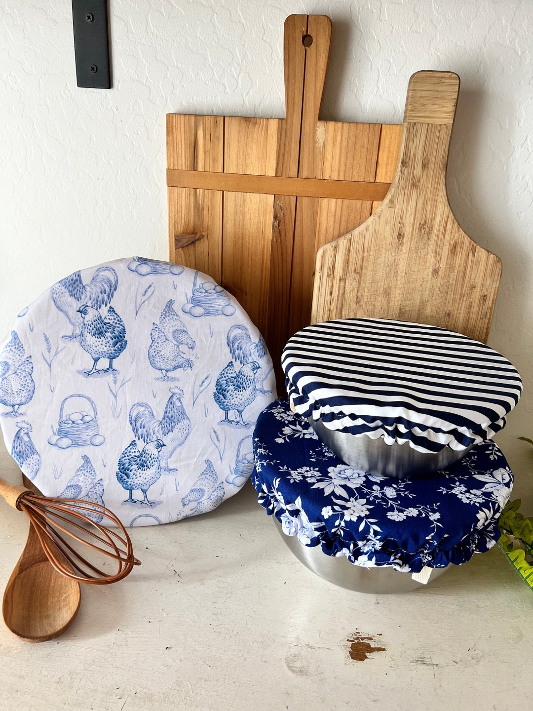 Blue Chickens Bowl Cover Set, Reusable Bowl Cover, Fabric Bowl Cover ...