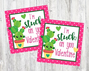 Valentine's Day Stuck on You cactus Printable Tags - Etsy