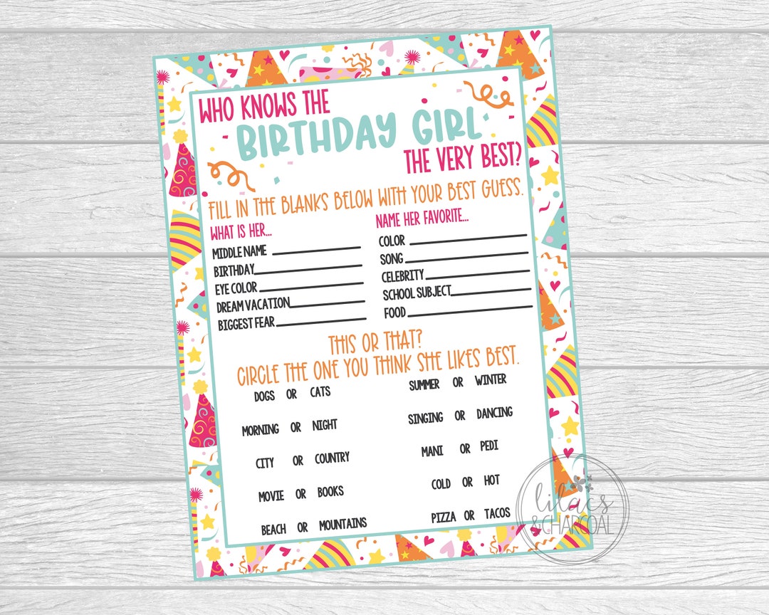 Printable Who Knows the Birthday Girl Best Game. Bright, Fun Party ...