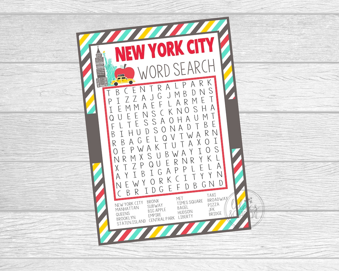 Printable New York City Word Search. Word Search for NYC New York Party ...