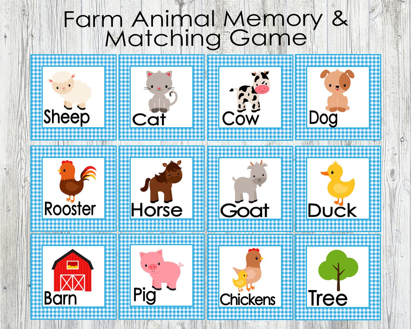 Blue Farm Animal Matching and Memory Game. Printable Game for Toddlers ...