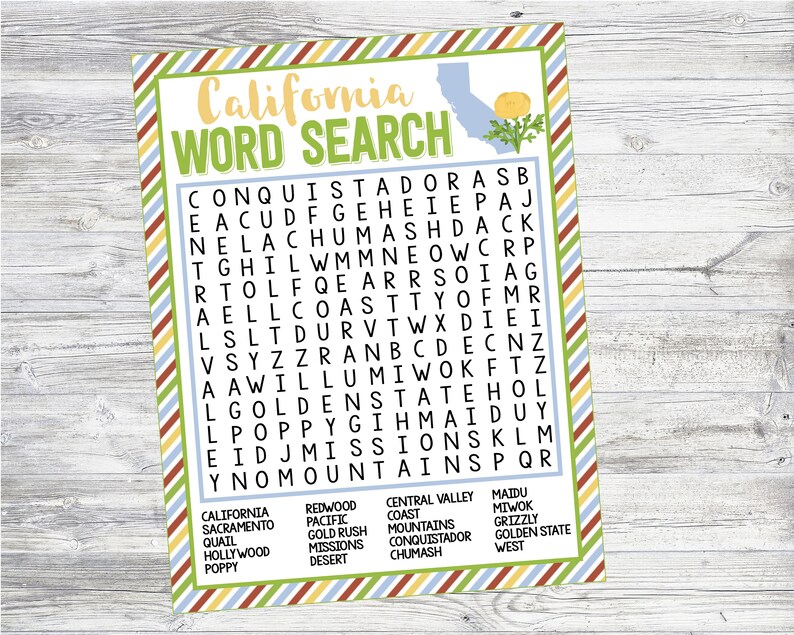 Printable California State History & Symbols Word Search. - Etsy