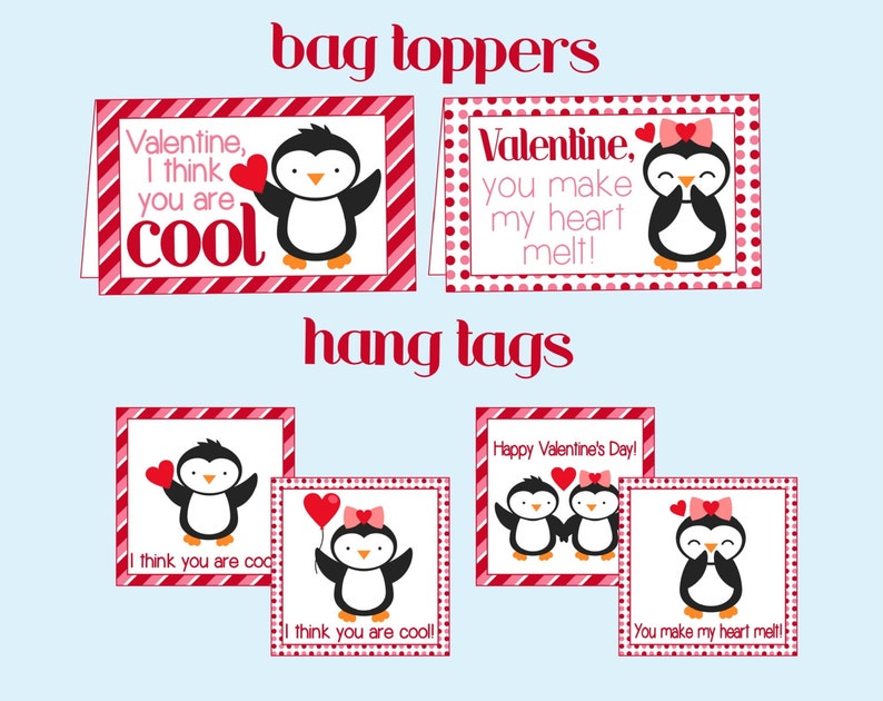 Penguin Valentine's Day Cards Bag Toppers and Hang Tags. | Etsy